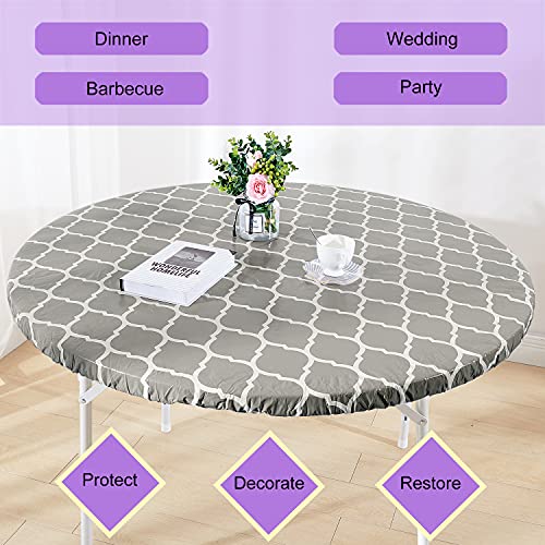 Zhuqing Heavy Duty Vinyl Round Fitted Tablecloth, Gray Moroccan Design, Spillproof Waterproof Elastic Table Cover with Flannel Backed Lining, Fits 40" to 44" Round Table，for Indoor/Outdoor Use