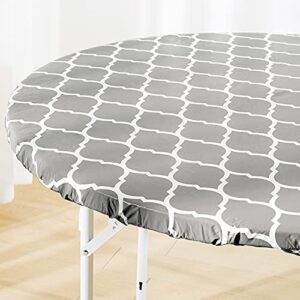 Zhuqing Heavy Duty Vinyl Round Fitted Tablecloth, Gray Moroccan Design, Spillproof Waterproof Elastic Table Cover with Flannel Backed Lining, Fits 40" to 44" Round Table，for Indoor/Outdoor Use