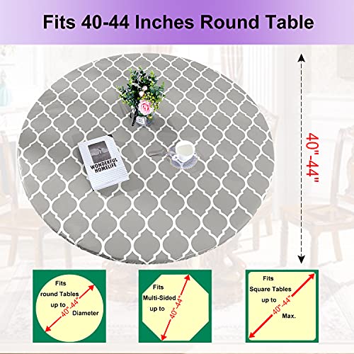 Zhuqing Heavy Duty Vinyl Round Fitted Tablecloth, Gray Moroccan Design, Spillproof Waterproof Elastic Table Cover with Flannel Backed Lining, Fits 40" to 44" Round Table，for Indoor/Outdoor Use