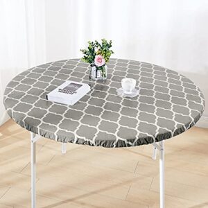 Zhuqing Heavy Duty Vinyl Round Fitted Tablecloth, Gray Moroccan Design, Spillproof Waterproof Elastic Table Cover with Flannel Backed Lining, Fits 40" to 44" Round Table，for Indoor/Outdoor Use