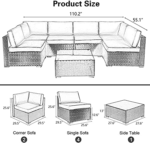 kinbor Outdoor Patio Set 7 Piece Deck Furniture Sectional Conversation Patio Furniture with Coffee Table for Deck Balcony