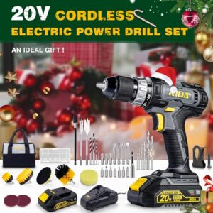 RIDA Cordless Drill 20V Electric Power Drill 1/2'' Keyless Metal Chuck 355 In-lb(40N.m) Torque with 2.0AH Li-ion Battery & Fast Charger, Variable Speed, 25+1 Position and 22pcs Bits New Year Presents