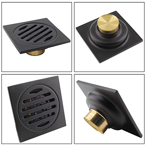 Jiozermi 3.84" Square Shower Drain, Stainless Steel Floor Drain with Removable Cover Grate and Hair Strainer, Prevent Odor from Entering Through The Drain, Matte Black