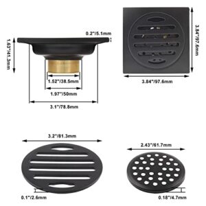 Jiozermi 3.84" Square Shower Drain, Stainless Steel Floor Drain with Removable Cover Grate and Hair Strainer, Prevent Odor from Entering Through The Drain, Matte Black