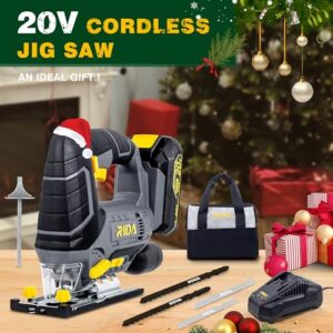 RIDA Cordless Jig Saw, 20V Jigsaw 0-2700 SPM Adjustable Speed, ±45° Bevel Cutting with LED Light, 2.0Ah Battery & 1 Hour Fast Charger, 4Pcs Blades for Woodworking New Year presents