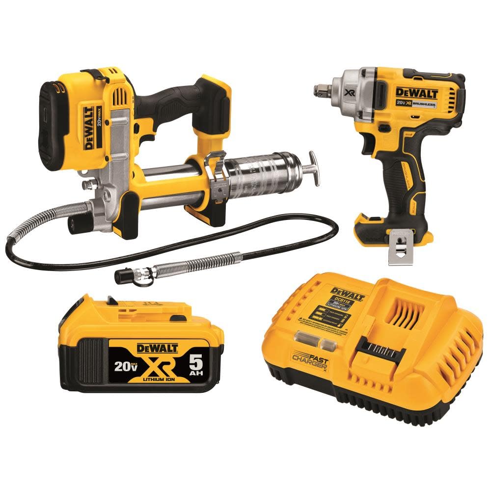 DEWALT 20V MAX* Impact Wrench, Automotive Kit, 1/2-Inch Mid-Range Wrench and Grease Gun, 2-Tool (DCK206P1)