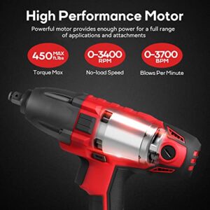 Eastvolt 800W Electric Impact Wrench, Heavy Duty 7.5 Amp Corded Max Torque 450 Ft-lbs 3400 RPM, 1/2 Inch with Hog Ring Anvil