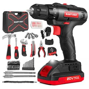 eastvolt 20v max cordless power drill driver kit & home tool kit, max 310in.lbs. 18+1 poisitiontorque drill for metal, wood, plastics, 168 pieces tool with case for general household (evcd168s)