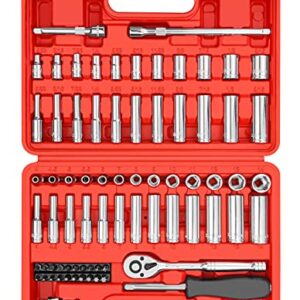 YIYITOOLS 74 Pcs 1/4" Drive Socket Set,1/4-Inch Drive Master Socket Set with Ratchets,Extensions with 1/4" Drive Bits Set,Universal Joint (5/32-Inch- 9/16-Inch, 4mm-14mm)