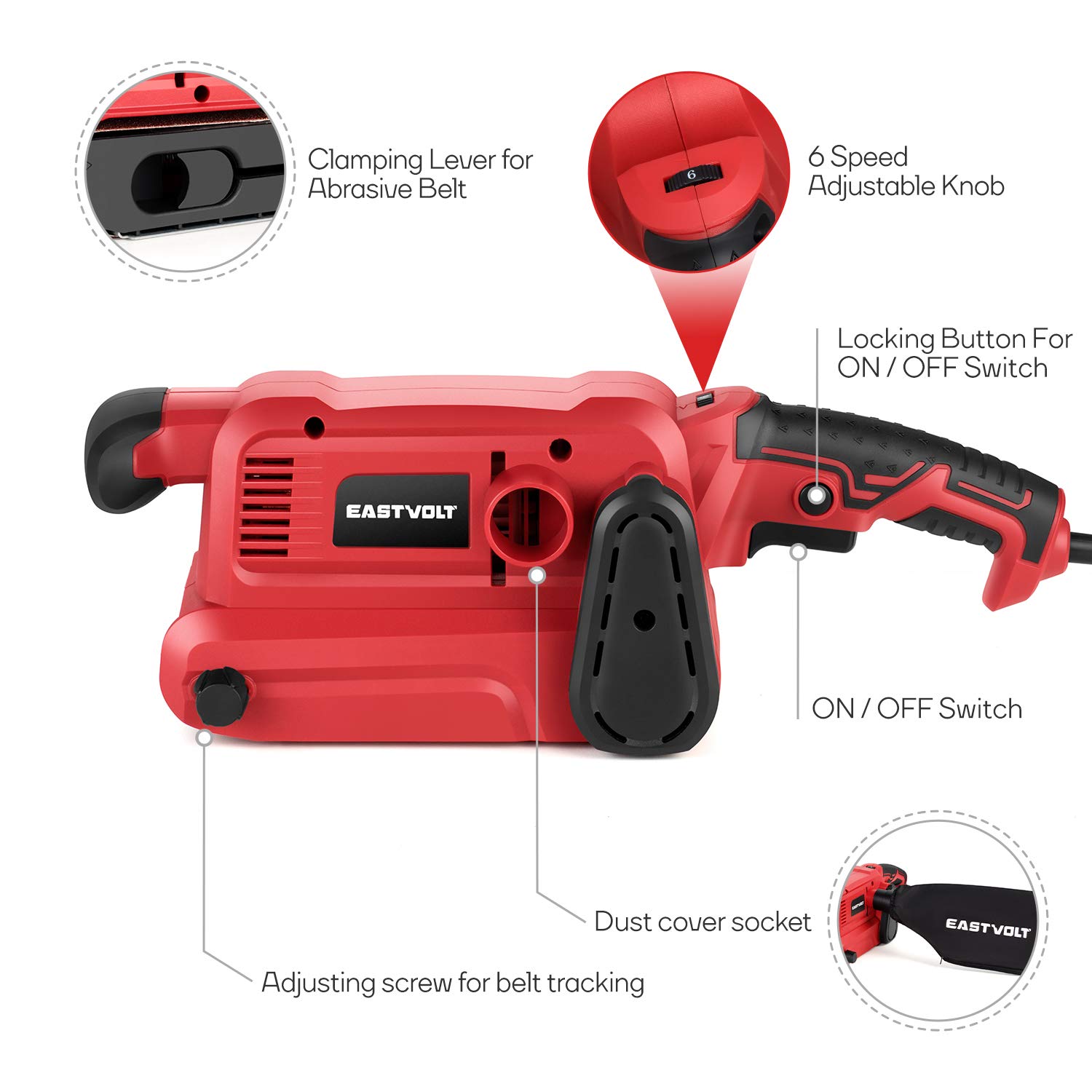 Eastvolt 7 Amp Belt Sander 200-360RPM with 6 Variable Speed, 3 x 18 Inch Belt Sander with 20 Pcs Sanding Belts, Screw Clamps, Dust Bag