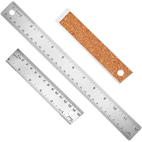 3 Pieces Stainless Steel Cork Back Rulers Set 1 Piece 12 Inch and 2 Pieces 6 Inch Non Slip Straight Edge Rulers with Inch and Metric Graduations for School Office Engineering Woodworking