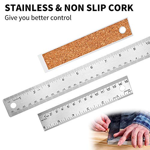 3 Pieces Stainless Steel Cork Back Rulers Set 1 Piece 12 Inch and 2 Pieces 6 Inch Non Slip Straight Edge Rulers with Inch and Metric Graduations for School Office Engineering Woodworking