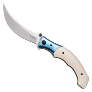 crkt ritual assisted pocket knife: everyday carry utility folder, sandvik 12c27 steel recurve blade with satin finish, liner lock, flipper open, ivory resin infused fiber handles 7471