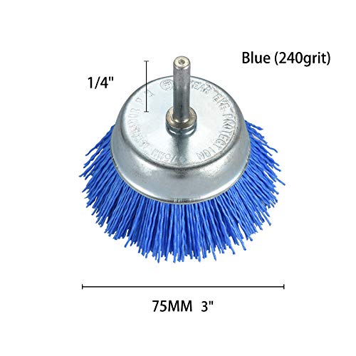 TILAX 3 Inch Abrasive Wire Cup Brush Assorted Cup Brushes 3 Pcs, Nylon Cup Brush for Drill 1/4" Arbor, Grit 80# 120# 320# Cleaning Rust, Stripping and Abrasive, for Drill Attachment