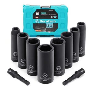 duratech 10-piece 3/8" drive 6 point deep impact socket set, including 8pcs deep impact sockets in sae sizes (5/16", 3/8", 7/16", 1/2", 9/16", 5/8", 11/16", 3/4") & 2pcs 1/4" hexagon extension bars