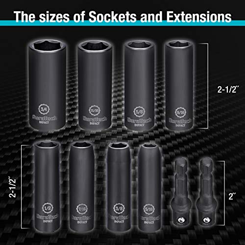 DURATECH 10-Piece 3/8" Drive 6 Point Deep Impact Socket Set, Including 8PCS Deep Impact Sockets in SAE Sizes (5/16", 3/8", 7/16", 1/2", 9/16", 5/8", 11/16", 3/4") & 2PCS 1/4" Hexagon Extension Bars