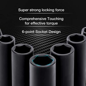 DURATECH 10-Piece 3/8" Drive 6 Point Deep Impact Socket Set, Including 8PCS Deep Impact Sockets in SAE Sizes (5/16", 3/8", 7/16", 1/2", 9/16", 5/8", 11/16", 3/4") & 2PCS 1/4" Hexagon Extension Bars