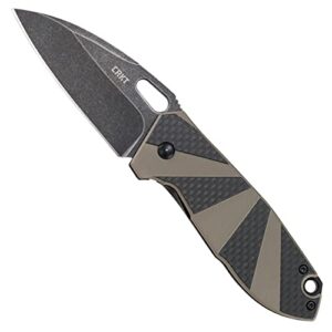 crkt heron edc pocket knife: everyday carry utility folder, stonewash wharncliffe blade with frame lock, thumb hole open, black stonewash finish, tan g10 and black carbon fiber handle 2440