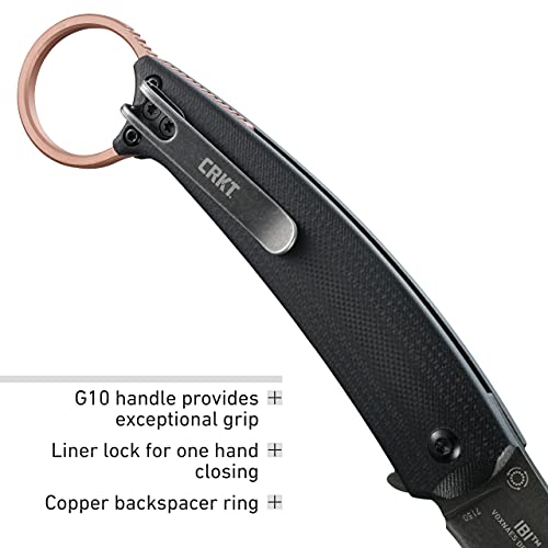 CRKT Ibi EDC Pocket Knife: Everyday Carry Utility Folder, Black Stonewash Finish Sheepsfoot Blade, Liner Lock, Flipper Open, Black G10 Handle with Copper Ringed Backspacer7150