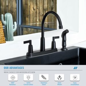 KINFAUCET Modern 2 Handle Kitchen Sink Faucet with Side Sprayer, High Arc 360 Swivel Stainless Steel 3 or 4 Hole Kitchen Faucet for Rv Camper Laundry Utility Bar Sinks, Matte Black