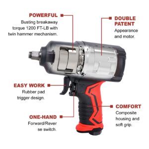 AEROPRO TOOLS 1/2-Inch Composite Air Impact Wrench(A301), Twin Hammer, 1200FT-LBS Max Loosening Torque, 7000RPM, Heavy Duty Pneumatic Impact Gun, for Auto Repair, Tire Shop