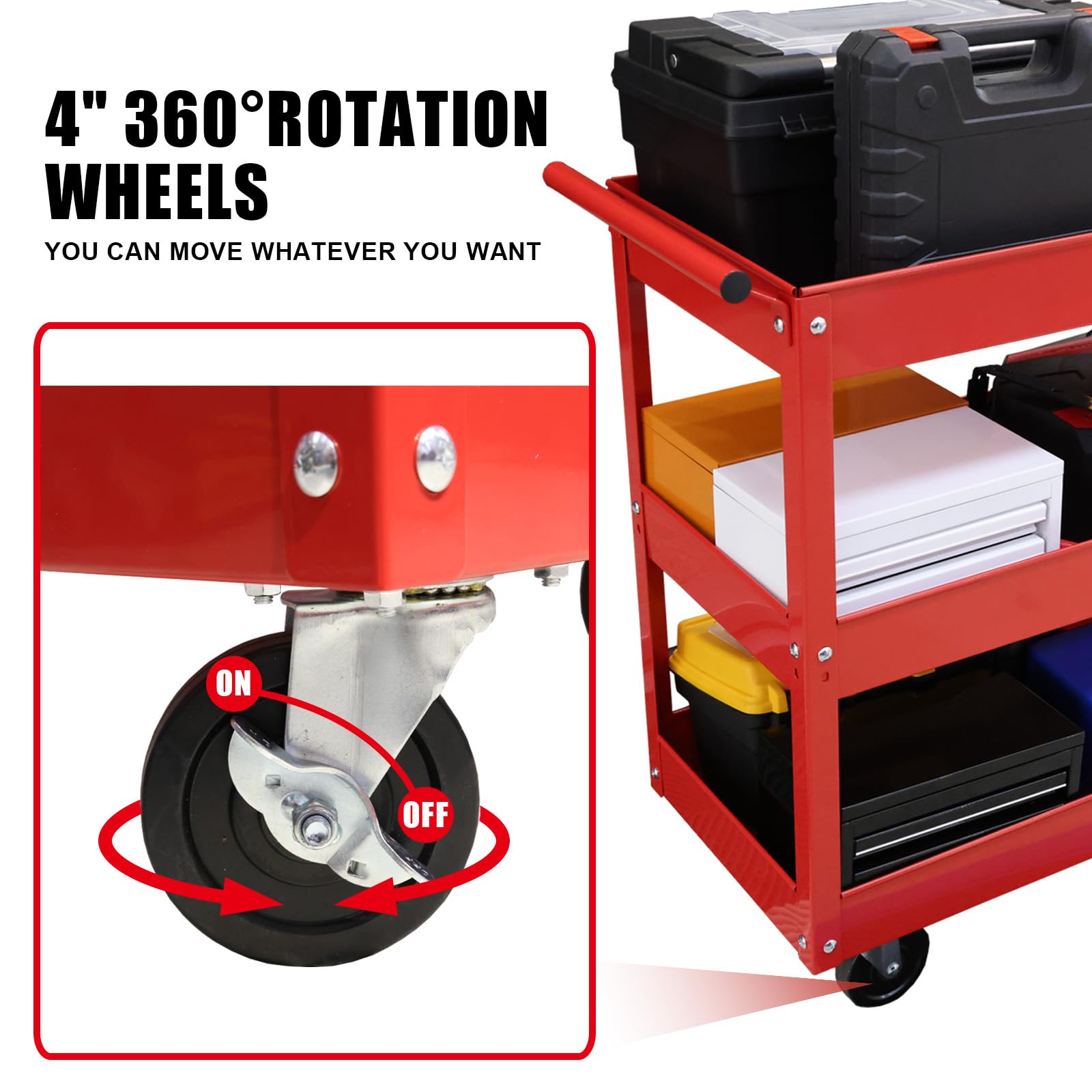 BIG RED 3-Tier Service Cart 400 lbs capacity metal cart on wheels For Garage Warehouse Workshop Use Stainless Steel Utility Cart,APTC302R,Torin