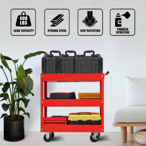 BIG RED 3-Tier Service Cart 400 lbs capacity metal cart on wheels For Garage Warehouse Workshop Use Stainless Steel Utility Cart,APTC302R,Torin