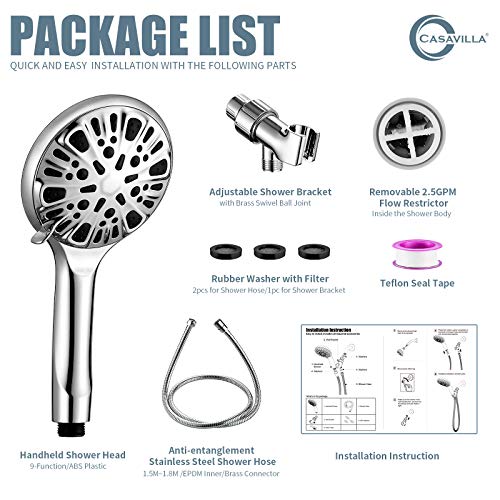 Shower Head,High Pressure 9 Spray Setting Handheld Shower Heads With 5.9ft Extra-long Hose,4.5" Face Hand Held Showerhead with Water Saving & Spa Spray Mode - Chrome