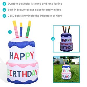 Sunnydaze 4-Foot Happy Birthday Cake Inflatable Decoration - Fan Blower and LED Lights