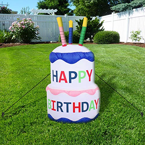 Sunnydaze 4-Foot Happy Birthday Cake Inflatable Decoration - Fan Blower and LED Lights