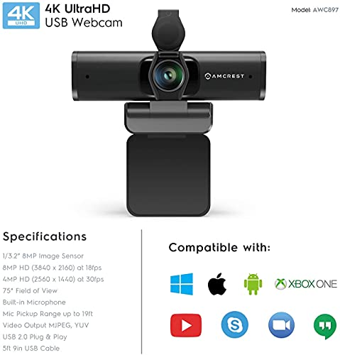 Amcrest 4K Webcam w/Microphone & Privacy Cover, Web Cam USB Camera, Computer HD Streaming Webcam for PC Desktop & Laptop w/Mic, Wide Angle Lens & Large Sensor for Superior Low Light (AWC897)