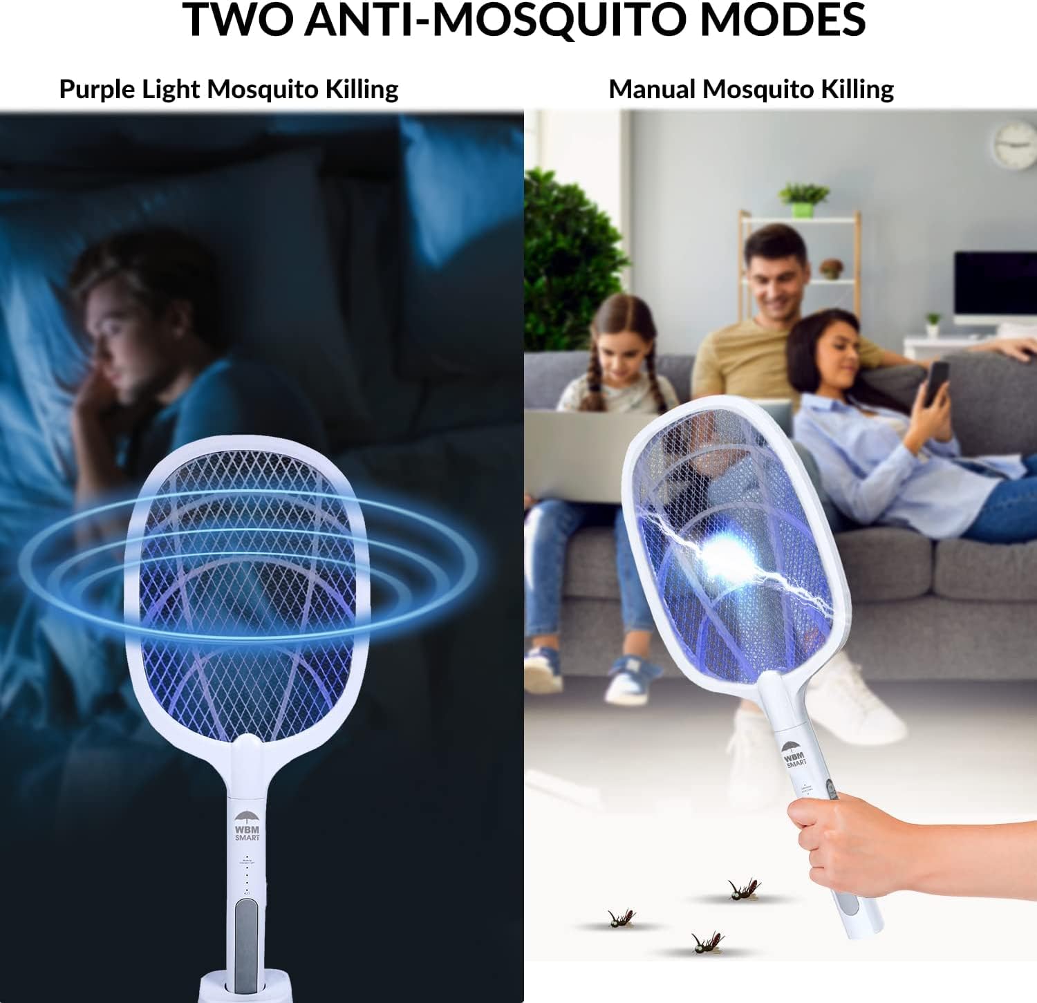 WBM SMART 2 in 1 Electric Bug Zapper, Mosquitoes Trap Lamp & Racket, USB Rechargeable Electric Fly Swatter for Home and Outdoor Powerful Grid 3-Layer Safety Mesh Safe to Touch