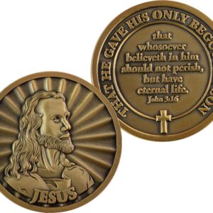 Jesus Coin, Head of Christ by Warner Sallman Challenge Coin, KJV Bible Verse Prayer Token, Antique Gold Plated Catholic and Christian Religious Jesus Picture Coin