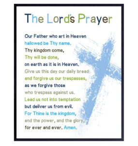 lords prayer bible verse wall art - religious scripture boys room decor - christian gifts for toddler or baby boys bedroom, son - blessed church sunday school kids decorations - cross picture poster