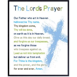 Lords Prayer Bible Verse Wall Art - Religious Scripture Boys Room Decor - Christian Gifts for Toddler or Baby Boys Bedroom, Son - Blessed Church Sunday School Kids Decorations - Cross Picture Poster