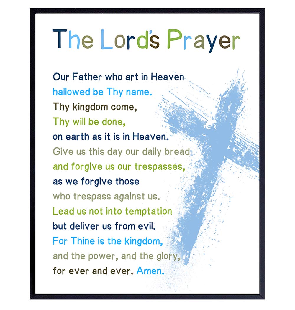 Lords Prayer Bible Verse Wall Art - Religious Scripture Boys Room Decor - Christian Gifts for Toddler or Baby Boys Bedroom, Son - Blessed Church Sunday School Kids Decorations - Cross Picture Poster