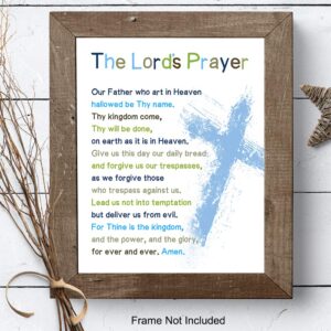 Lords Prayer Bible Verse Wall Art - Religious Scripture Boys Room Decor - Christian Gifts for Toddler or Baby Boys Bedroom, Son - Blessed Church Sunday School Kids Decorations - Cross Picture Poster