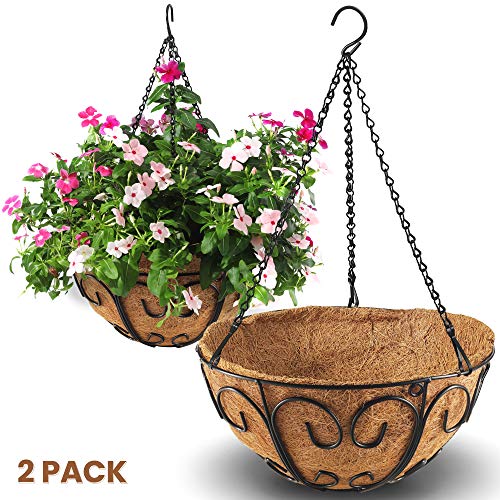 CABASAA 2 Pack Metal Hanging Planter Basket with Coco Coir Liner Chain Round Wire Plant Holder Flower Pots Hanger Garden Decoration Porch Decor Watering Hanging Baskets Indoor Outdoor (12 INCH New)