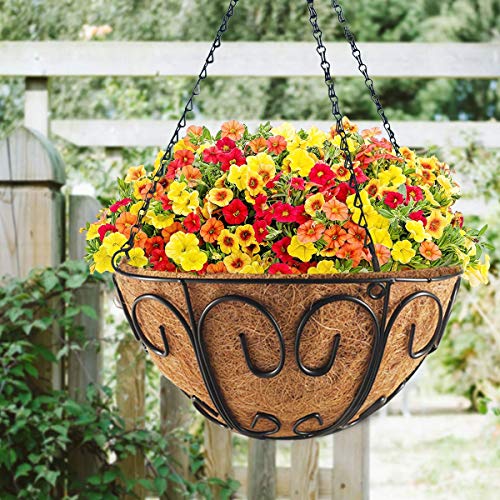 CABASAA 2 Pack Metal Hanging Planter Basket with Coco Coir Liner Chain Round Wire Plant Holder Flower Pots Hanger Garden Decoration Porch Decor Watering Hanging Baskets Indoor Outdoor (12 INCH New)