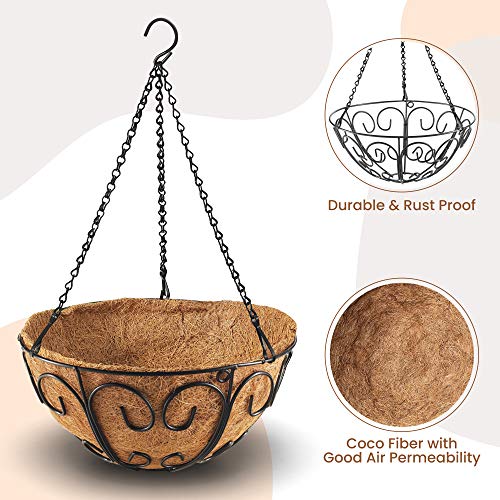 CABASAA 2 Pack Metal Hanging Planter Basket with Coco Coir Liner Chain Round Wire Plant Holder Flower Pots Hanger Garden Decoration Porch Decor Watering Hanging Baskets Indoor Outdoor (12 INCH New)