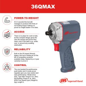 Ingersoll Rand 36QMAX 1/2" Short Drive, Air Impact Wrench, Quiet, Ultra Compact, 640 ft-lbs Nut-busting Torque, Maintenance Duty, Pistol Grip, Standard Anvil