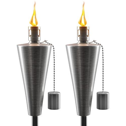 Matney Stainless Steel Outdoor Torches - Decorative Garden & Yard Lights - 5 ft Oil Lamp for Citronella - Fiberglass Wick & Snuffer Cap - Set of 2 (Cone)