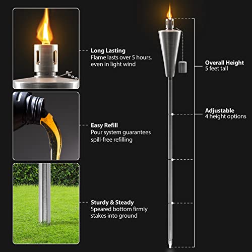 Matney Stainless Steel Outdoor Torches - Decorative Garden & Yard Lights - 5 ft Oil Lamp for Citronella - Fiberglass Wick & Snuffer Cap - Set of 2 (Cone)