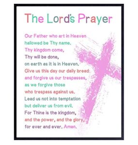 lords prayer bible verse wall art - religious scripture girls bedroom decor - christian daughter gifts for toddler, baby girls room - blessed church sunday school kids decorations - pink cross poster