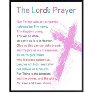 Lords Prayer Bible Verse Wall Art - Religious Scripture Girls Bedroom Decor - Christian Daughter Gifts for Toddler, Baby Girls Room - Blessed Church Sunday School Kids Decorations - Pink Cross Poster