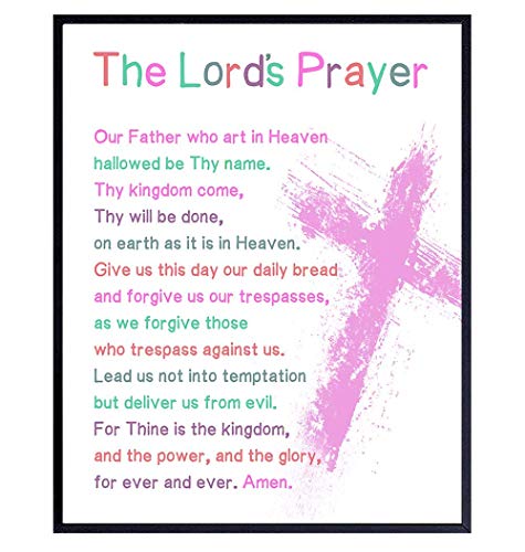 Lords Prayer Bible Verse Wall Art - Religious Scripture Girls Bedroom Decor - Christian Daughter Gifts for Toddler, Baby Girls Room - Blessed Church Sunday School Kids Decorations - Pink Cross Poster