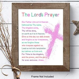 Lords Prayer Bible Verse Wall Art - Religious Scripture Girls Bedroom Decor - Christian Daughter Gifts for Toddler, Baby Girls Room - Blessed Church Sunday School Kids Decorations - Pink Cross Poster