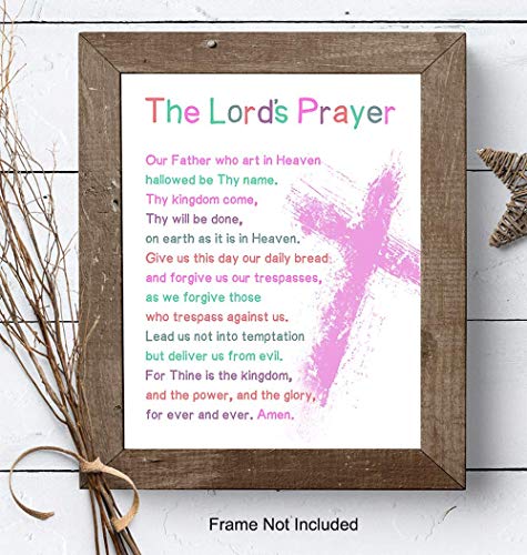 Lords Prayer Bible Verse Wall Art - Religious Scripture Girls Bedroom Decor - Christian Daughter Gifts for Toddler, Baby Girls Room - Blessed Church Sunday School Kids Decorations - Pink Cross Poster