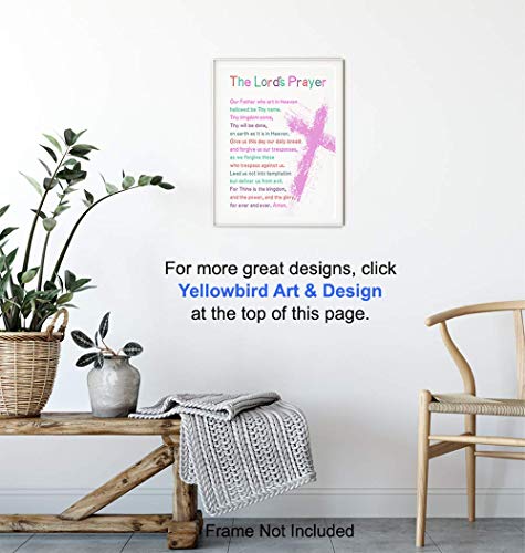 Lords Prayer Bible Verse Wall Art - Religious Scripture Girls Bedroom Decor - Christian Daughter Gifts for Toddler, Baby Girls Room - Blessed Church Sunday School Kids Decorations - Pink Cross Poster