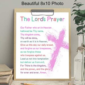 Lords Prayer Bible Verse Wall Art - Religious Scripture Girls Bedroom Decor - Christian Daughter Gifts for Toddler, Baby Girls Room - Blessed Church Sunday School Kids Decorations - Pink Cross Poster